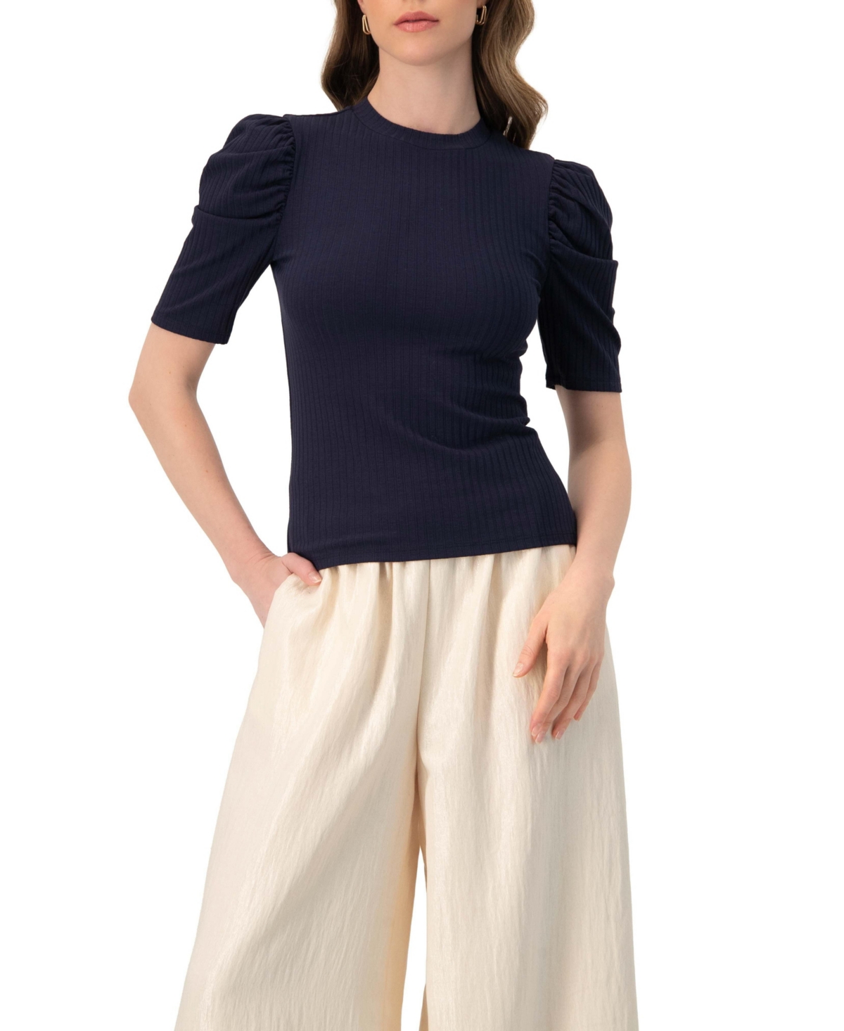 Click here for Ivonne Womens Puff Shoulder Ribbed-Knit T-shirt -... prices