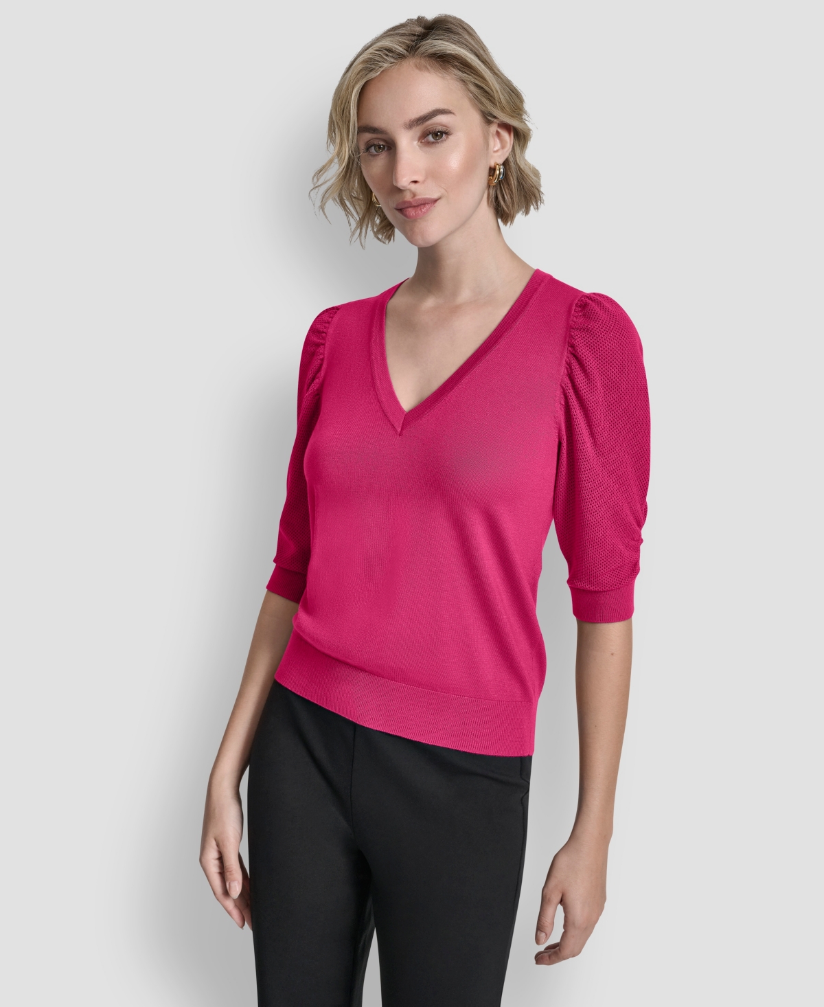 Click here for Dkny Womens Puff-Sleeve V-Neck Sweater - Hot Pink prices
