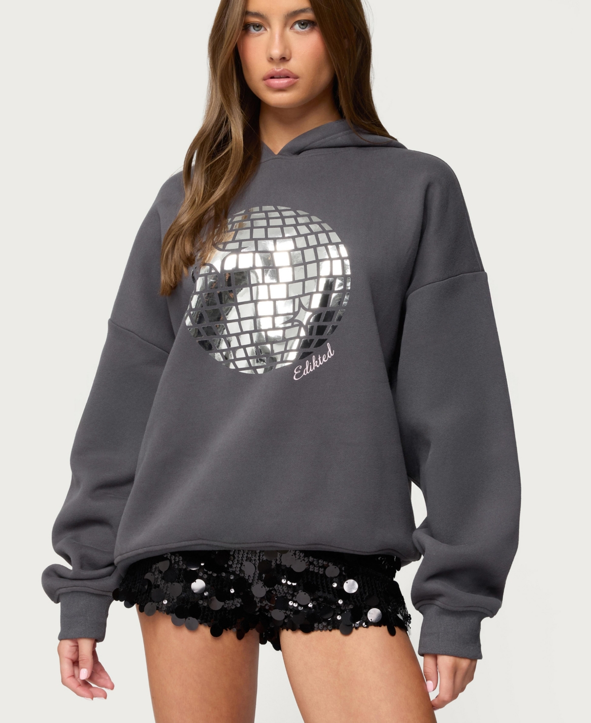 Click here for Edikted Womens Disco Ball Hoodie - Gray prices