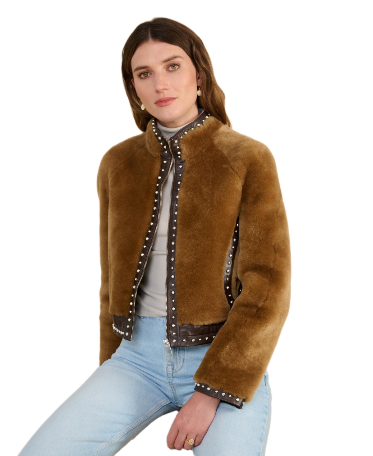 Click here for Furniq Uk Womens Shearling Studded Jacket - Brown prices