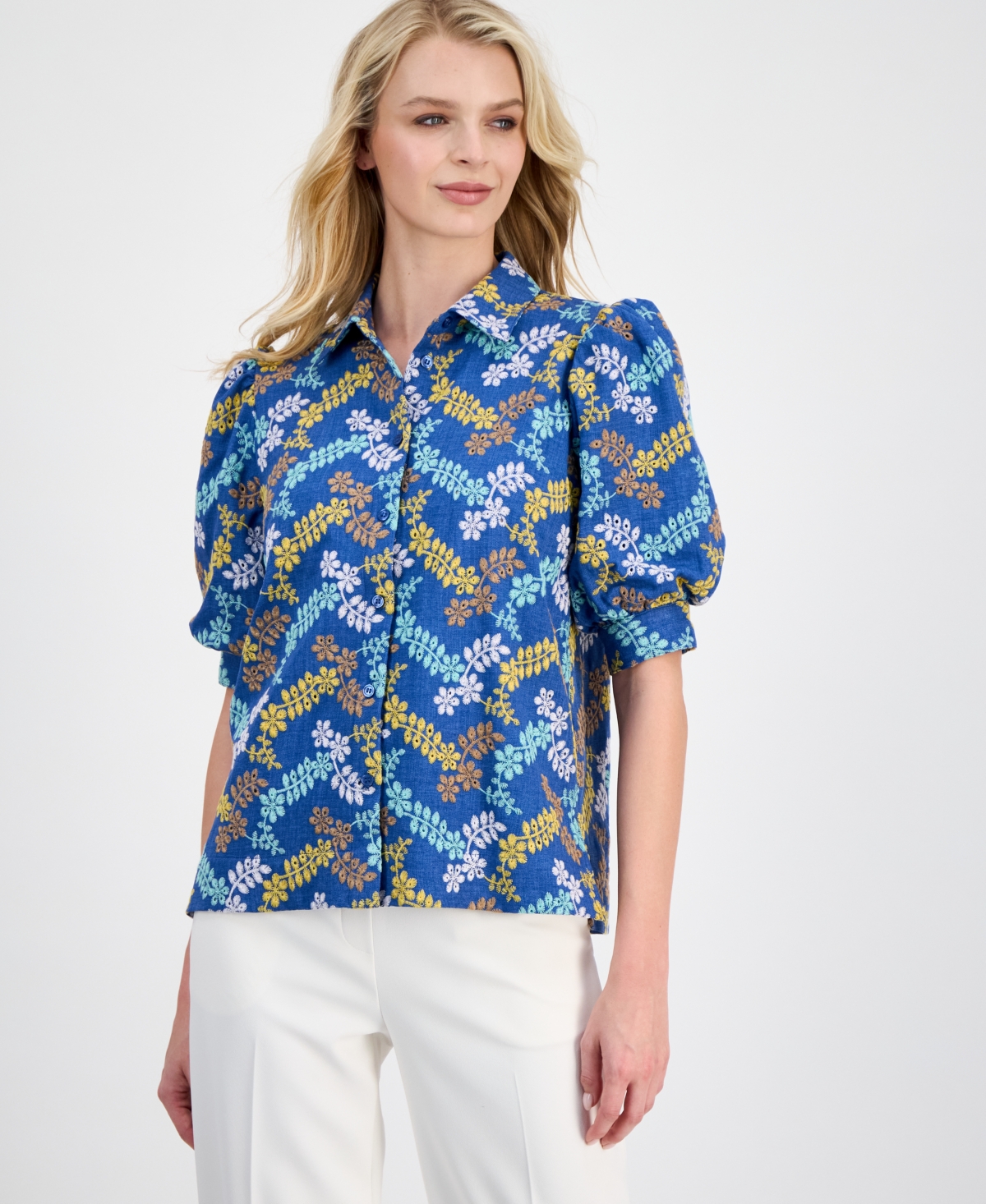 Click here for T Tahari Womens Embroidered Puff-Sleeve Button-Fro... prices