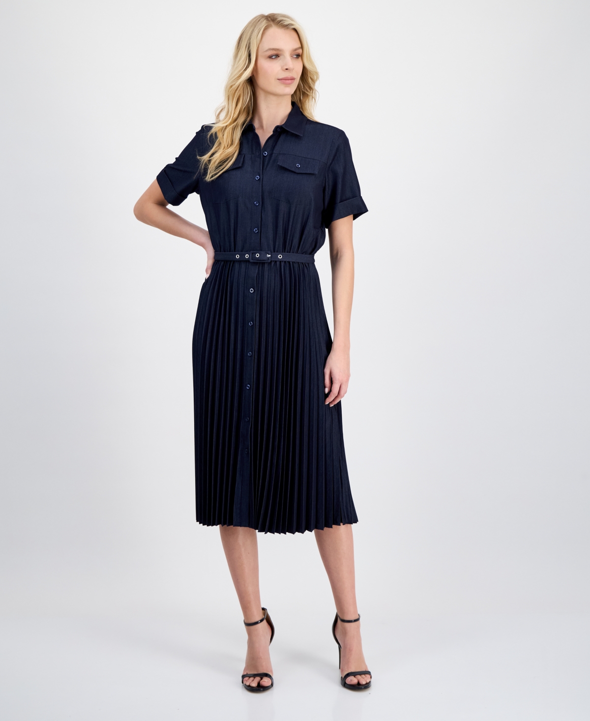 Click here for T Tahari Womens Belted Button-Front Midi Dress - D... prices