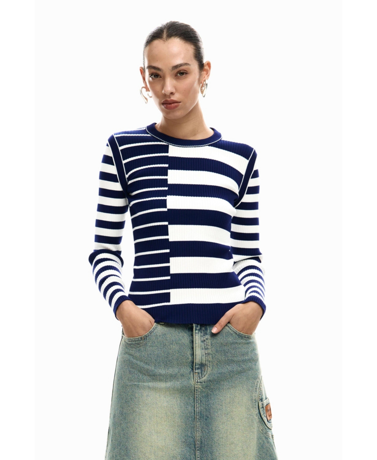 Click here for Desigual Womens Rib Striped Sweater - White prices