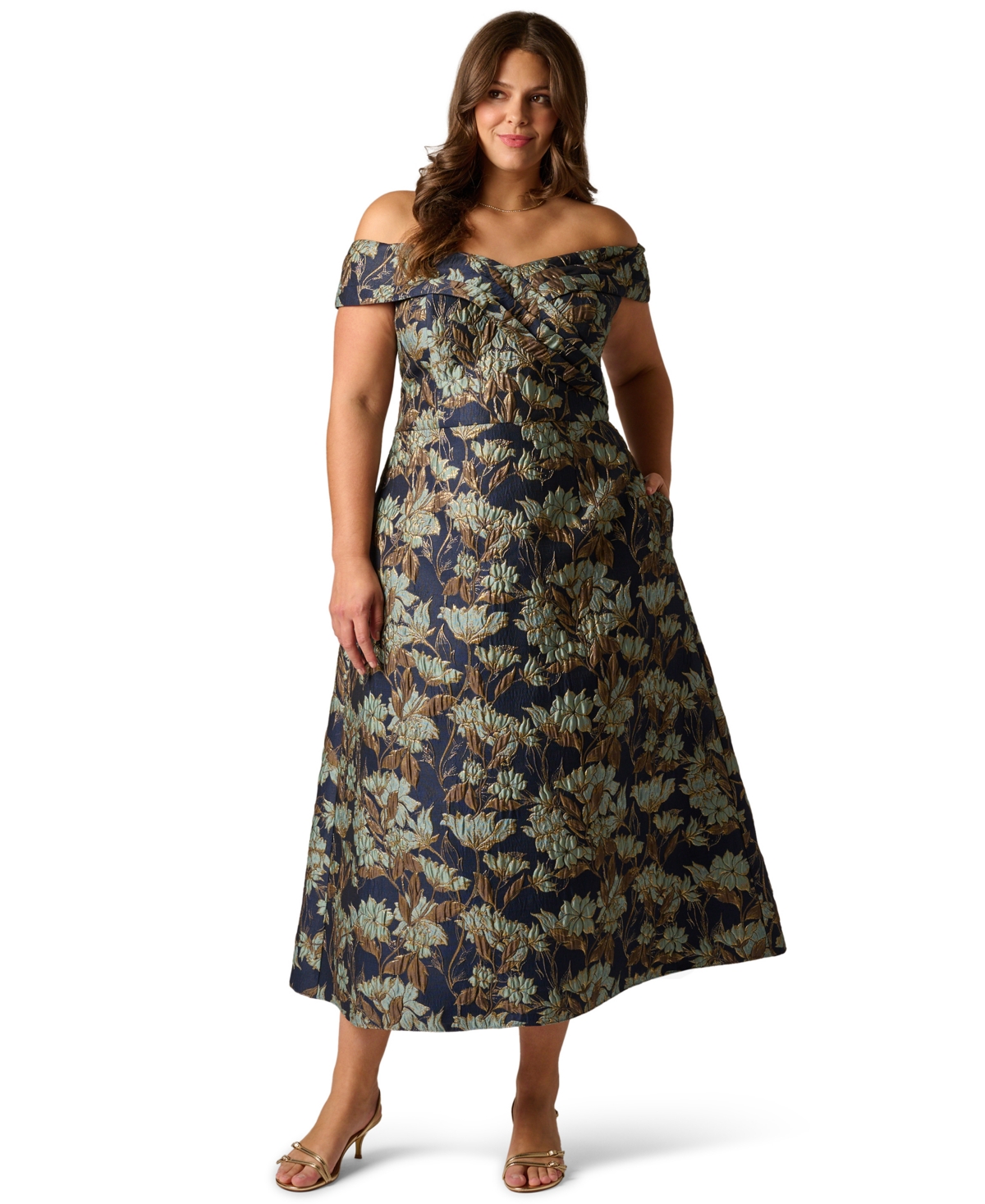 Click here for Adrianna Papell Plus Size Off-The-Shoulder Metalli... prices