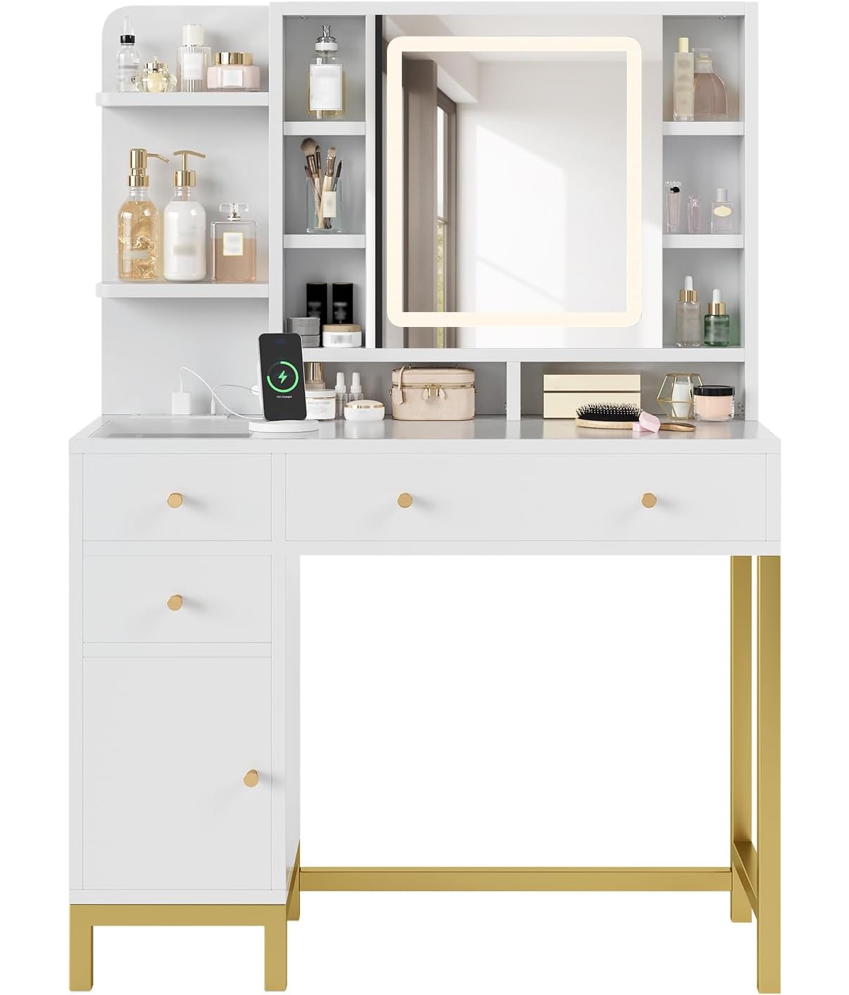 Click here for gaomon White Vanity Desk with Mirror & Led Lights... prices