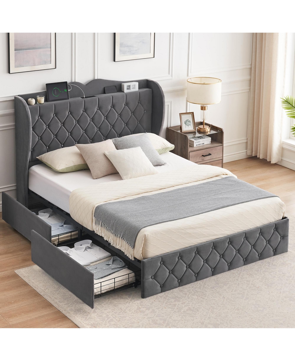 Click here for gaomon Size Grey Velvet Bed Frame with 4 Convenien... prices