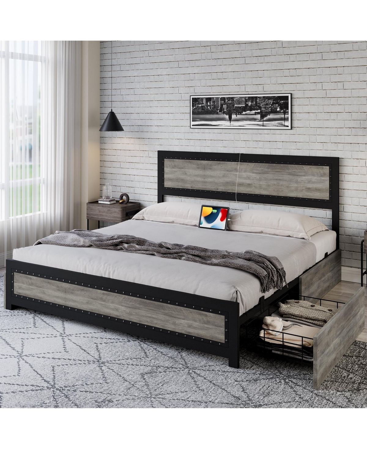 Click here for gaomon Full Bed Frame with Headboard Industrial Pl... prices