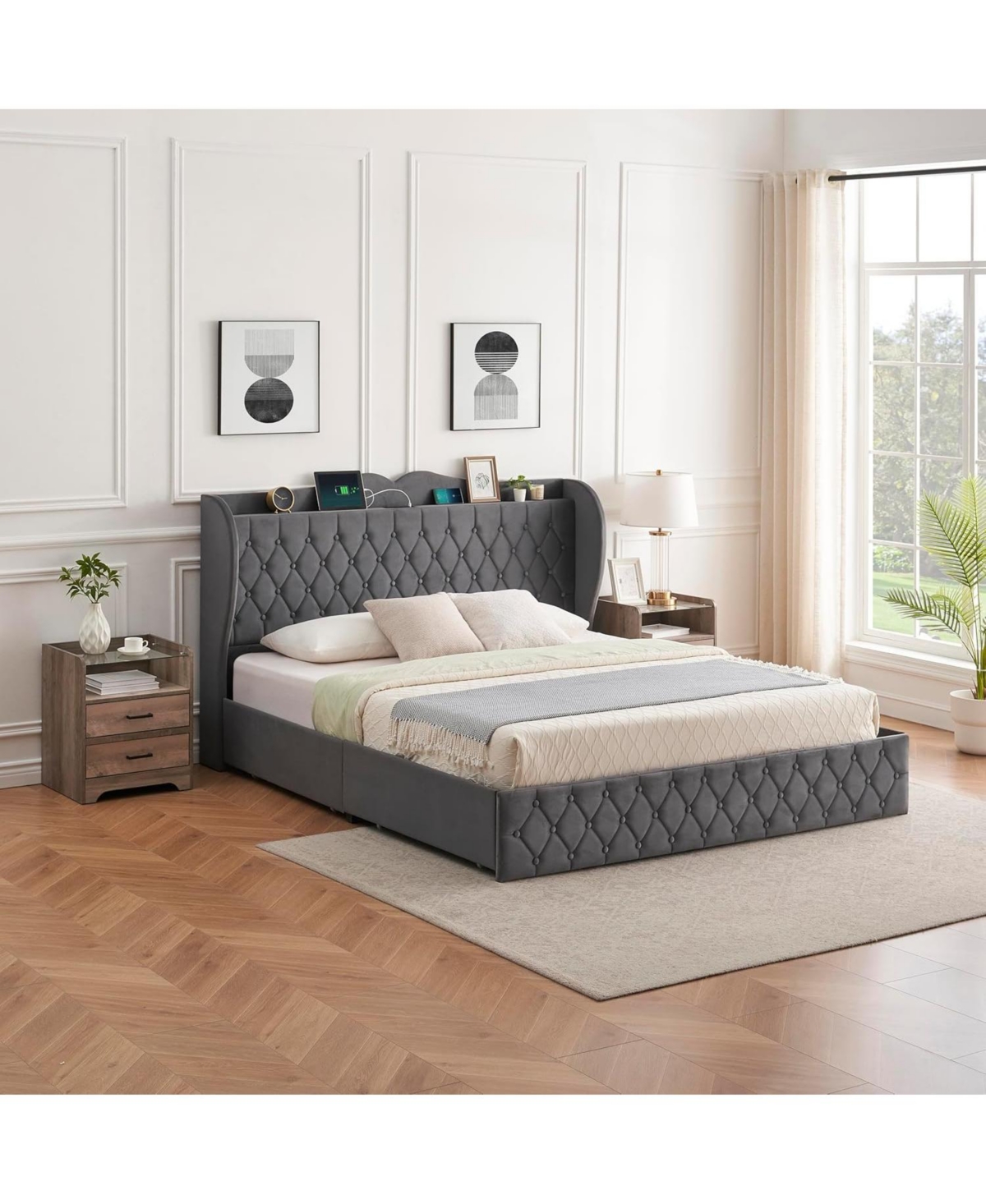 Click here for gaomon Velvet Upholstered Bed with Charging Ports... prices