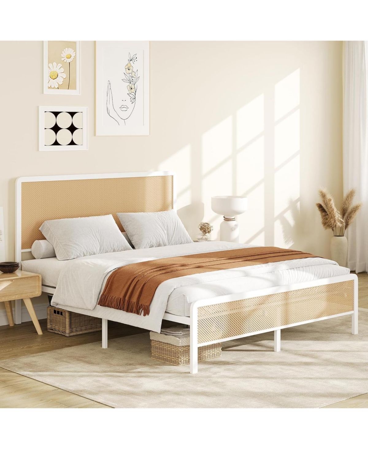 Click here for gaomon Queen Size White Rattan Bed Frame with Head... prices