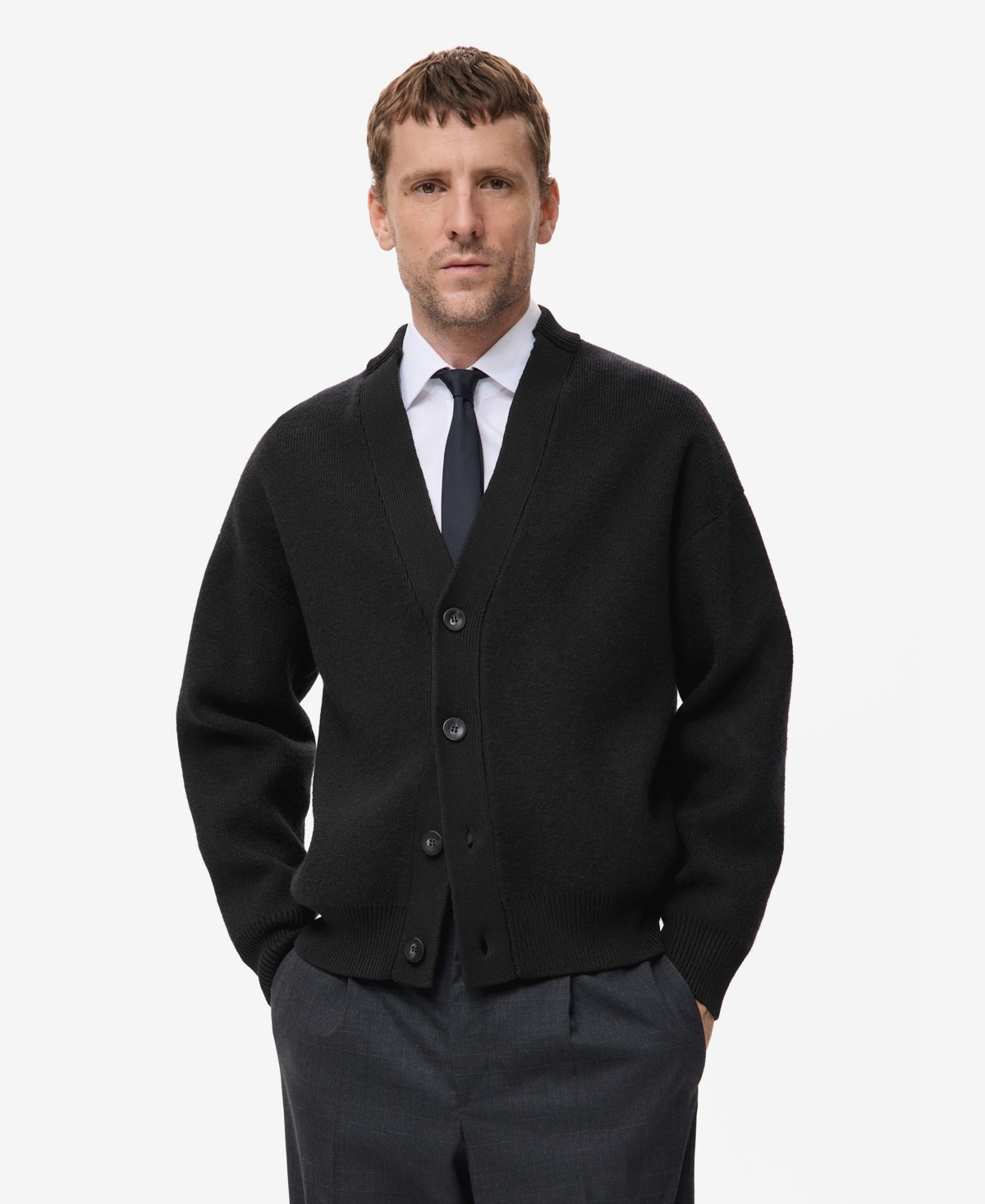 Click here for Mango Mens Relaxed-Fit Knitted Cardigan - Black prices