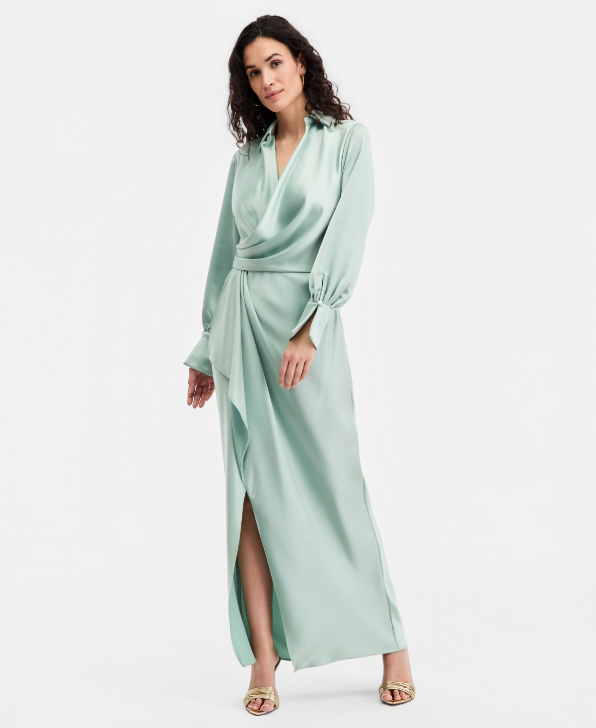 Click here for Xscape Womens Satin Shirtdress Gown - Sage prices