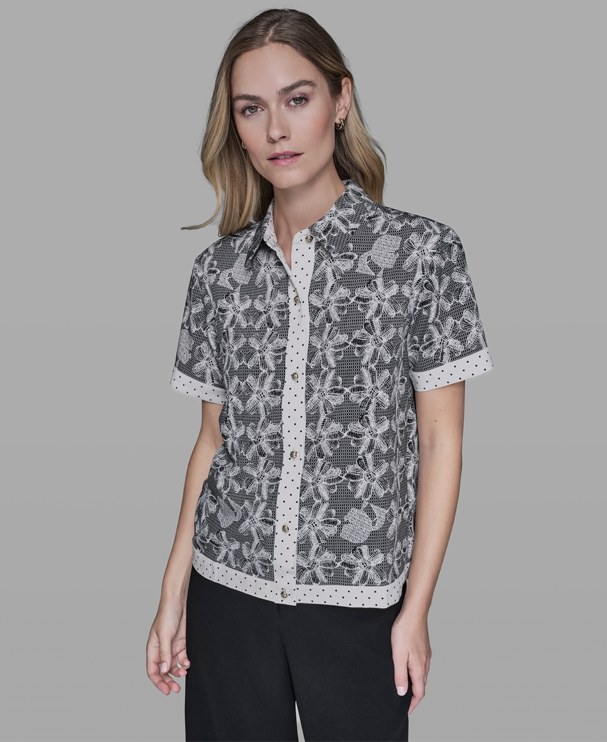 Click here for Karl Lagerfeld Paris Petite Printed Collared Camp... prices