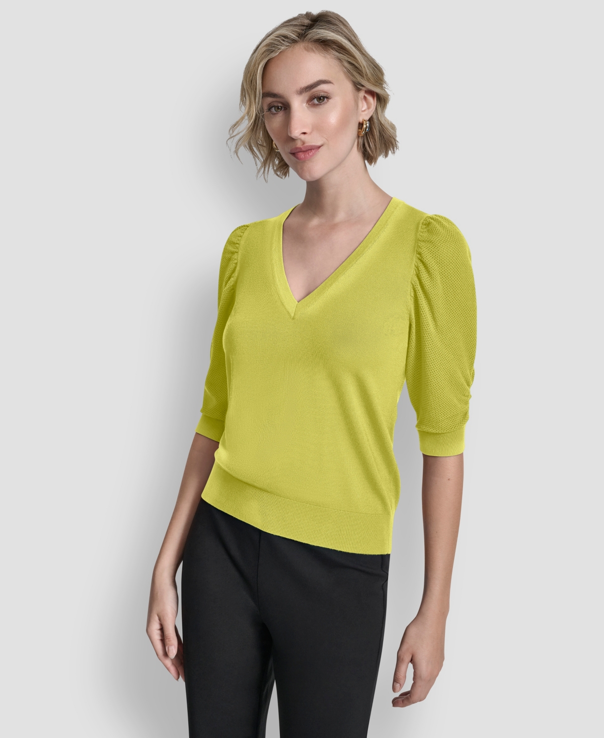 Click here for Dkny Womens Puff-Sleeve V-Neck Sweater - Limeade prices