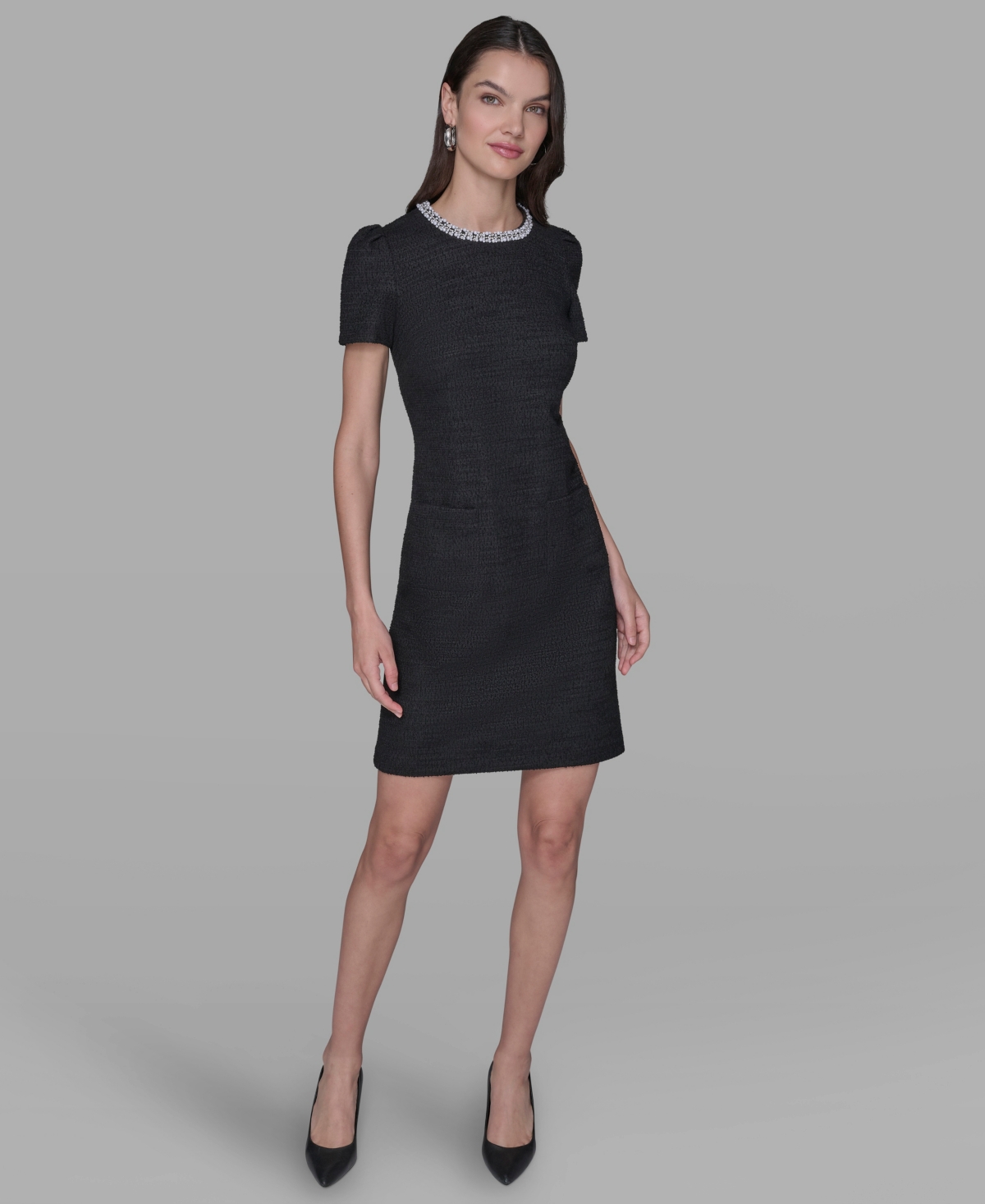 Click here for Knit Tweed Shift Dress with Crew Neckline Pearl Tr... prices
