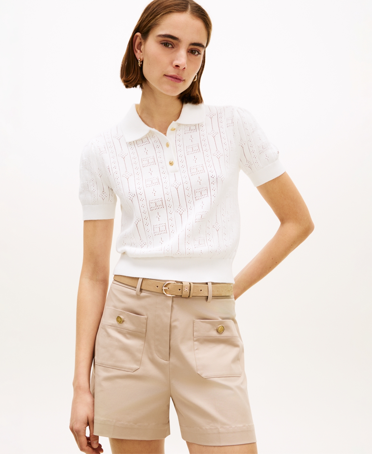 Click here for Tommy Hilfiger Womens Flag Pointelle Puff-Sleeve P... prices