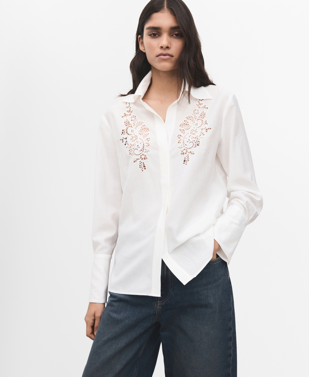 Click here for Mango Womens Lace Accents Embroidered Shirt - Off... prices