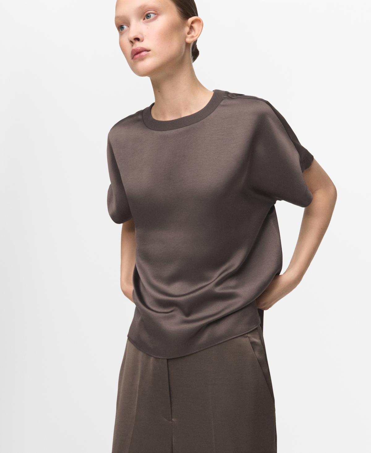 Click here for Mango Womens Satin Crop Blouse - Medium Brown prices