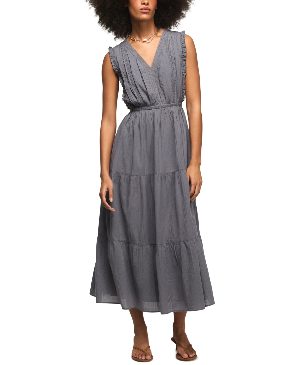 Click here for Lucky Brand Womens Lace Trim Tiered V-Neck Midi Dr... prices