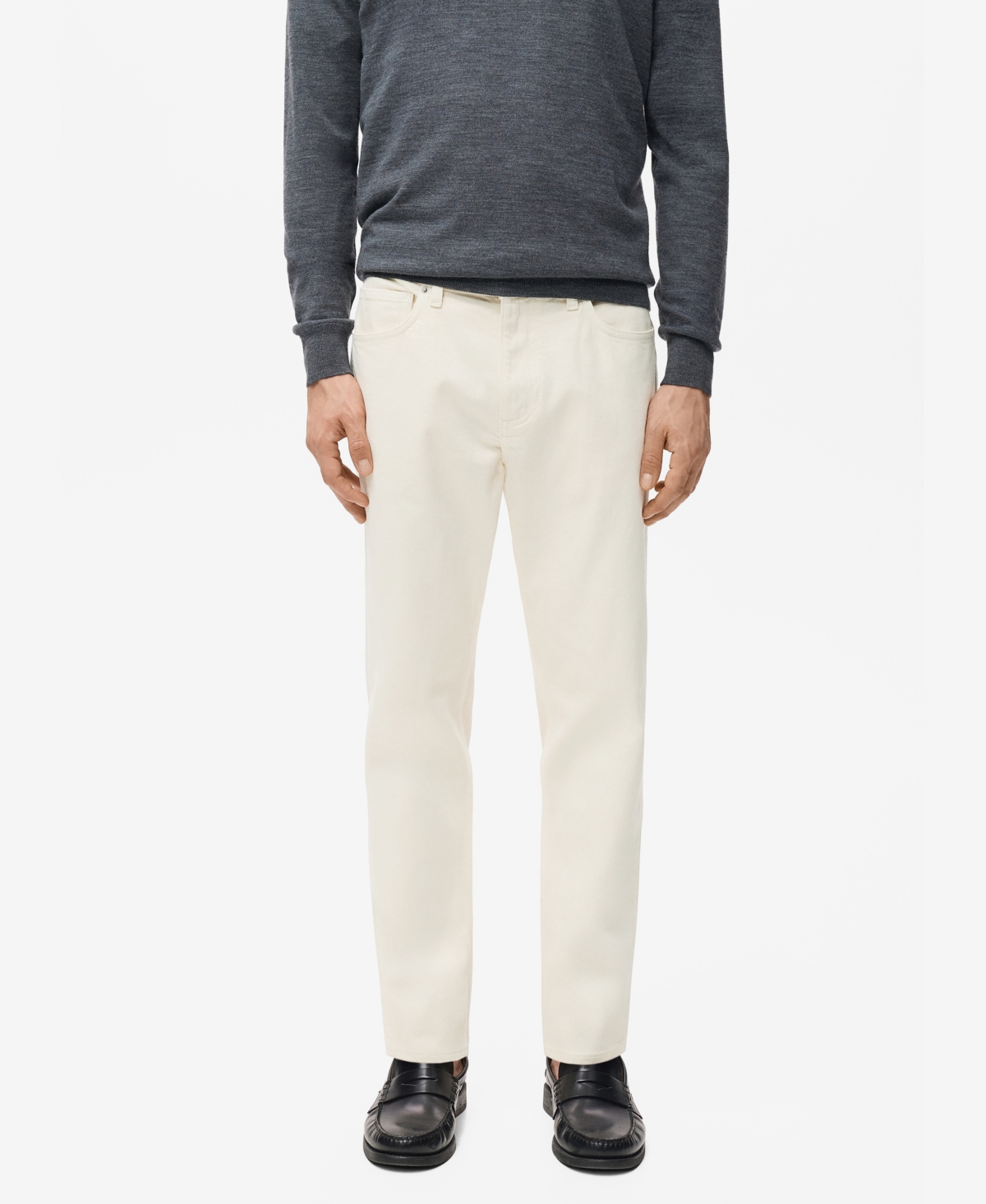 Click here for Mango Mens Ben Cropped Tapered-Fit Jeans - Ecru prices