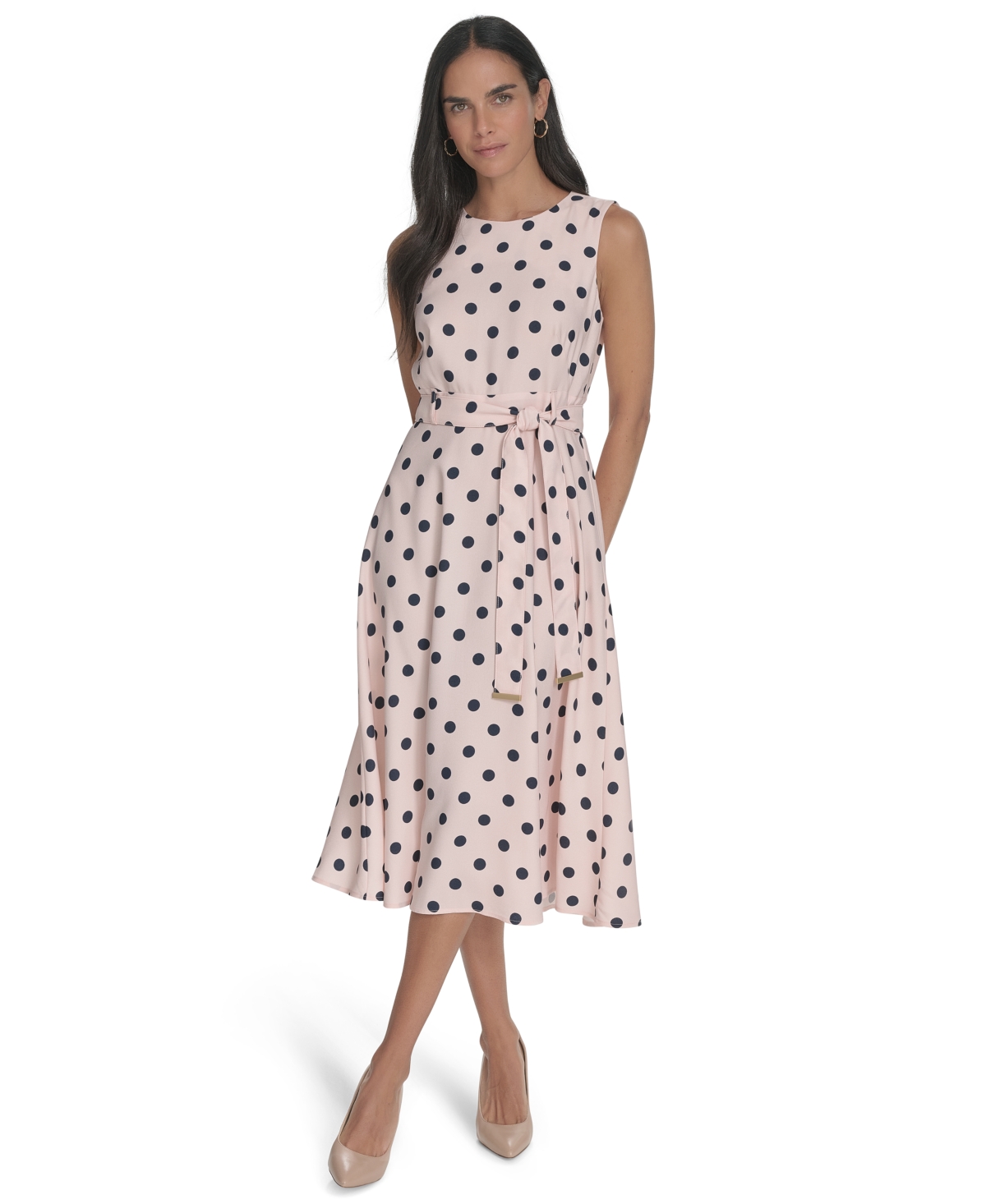 Click here for Calvin Klein Womens Belted Dot Printed Midi Dress... prices
