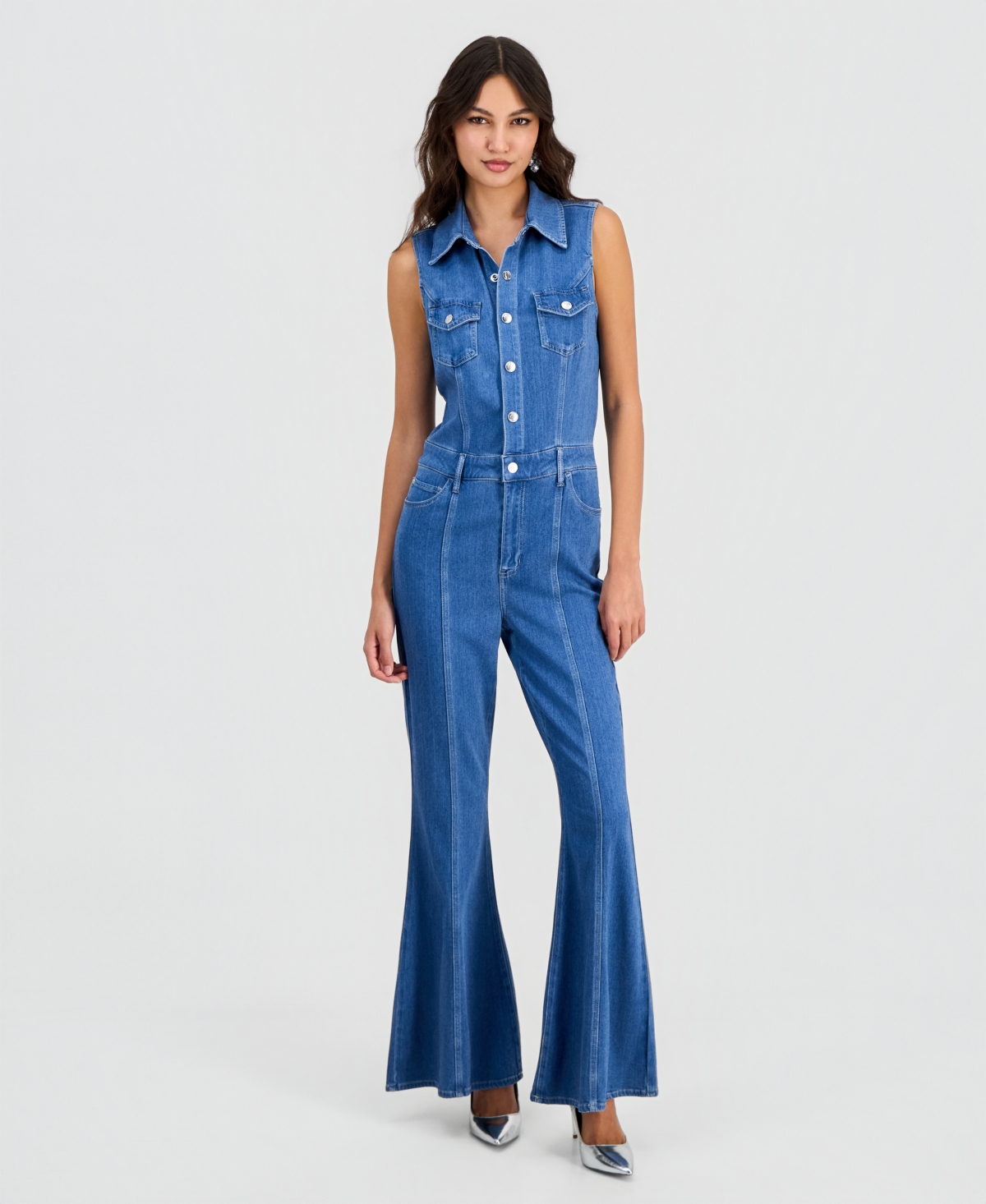 Click here for Guess Womens Harlo Sleeveless Flared-Leg Denim Jum... prices