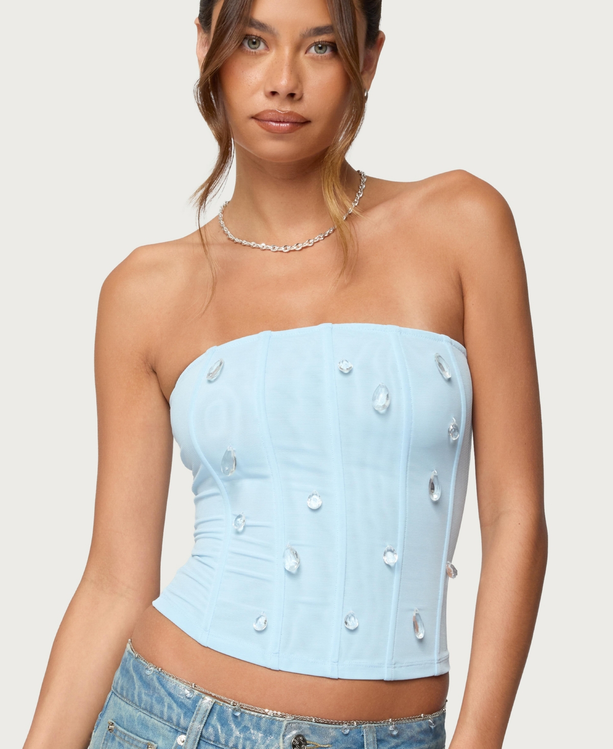 Click here for Edikted Womens Lexah Faux Crystal Strapless Mesh C... prices