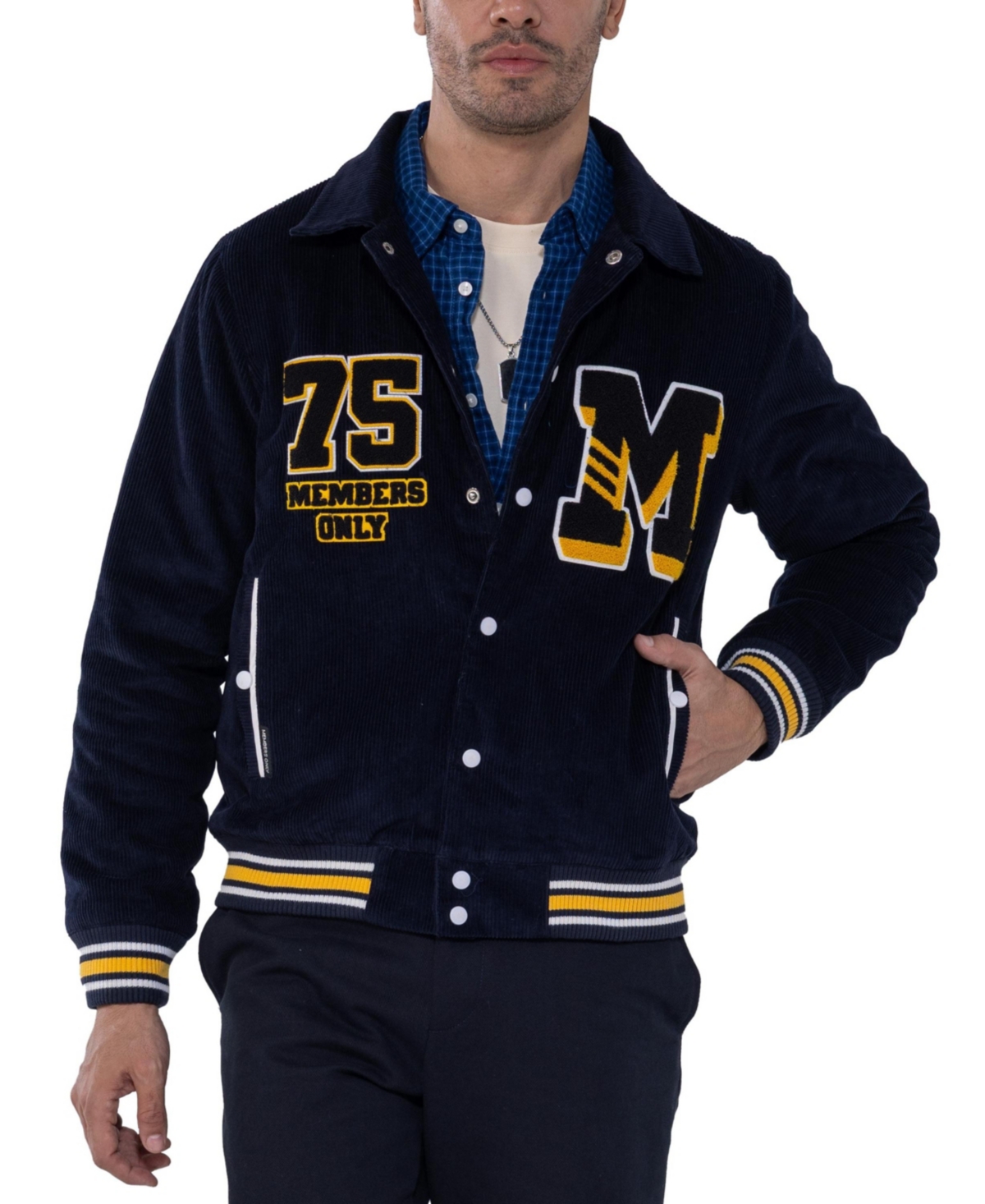 Click here for Members Only Mens Corduroy Varsity Jacket - Navy prices