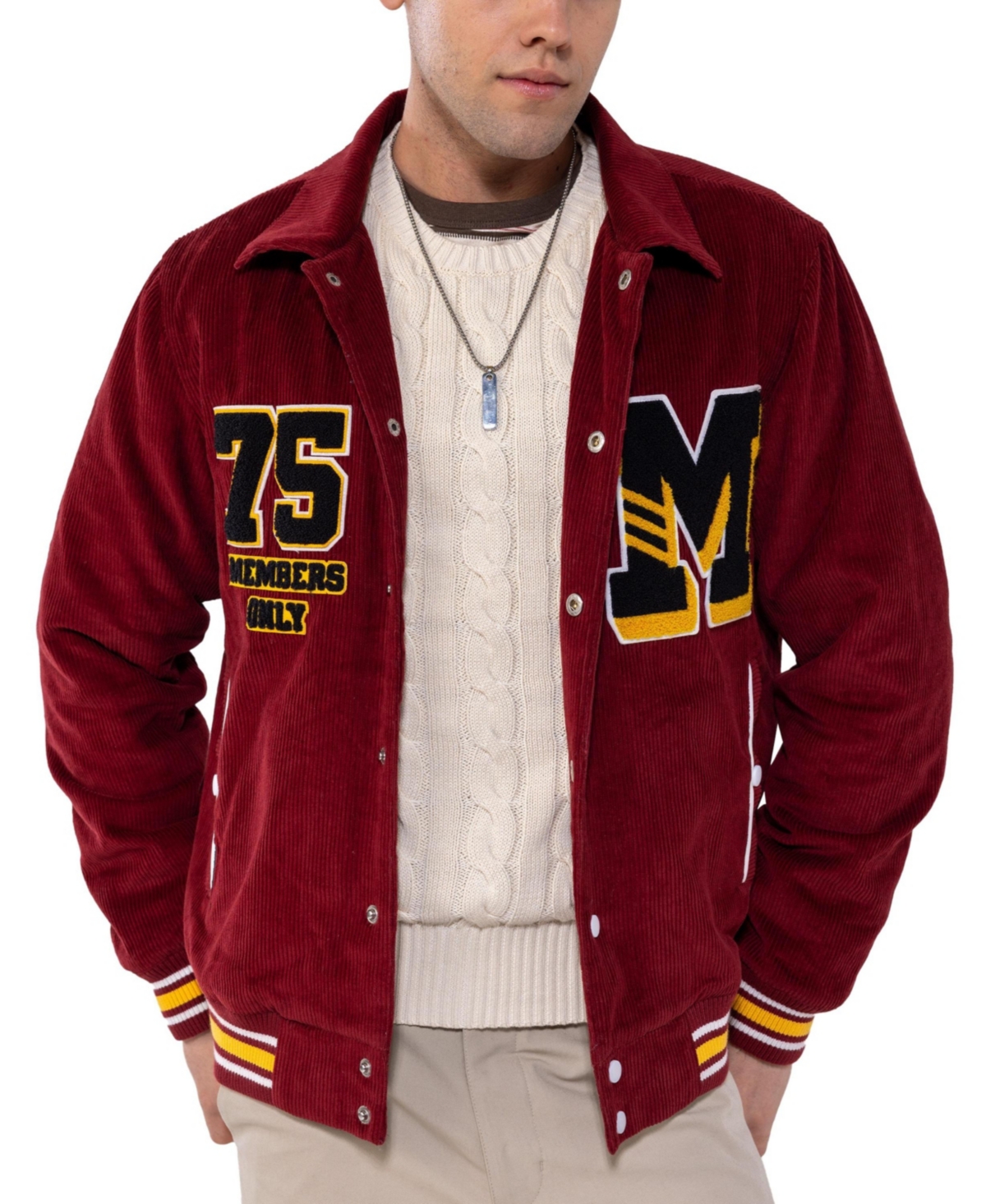 Click here for Members Only Mens Corduroy Varsity Jacket - Red prices
