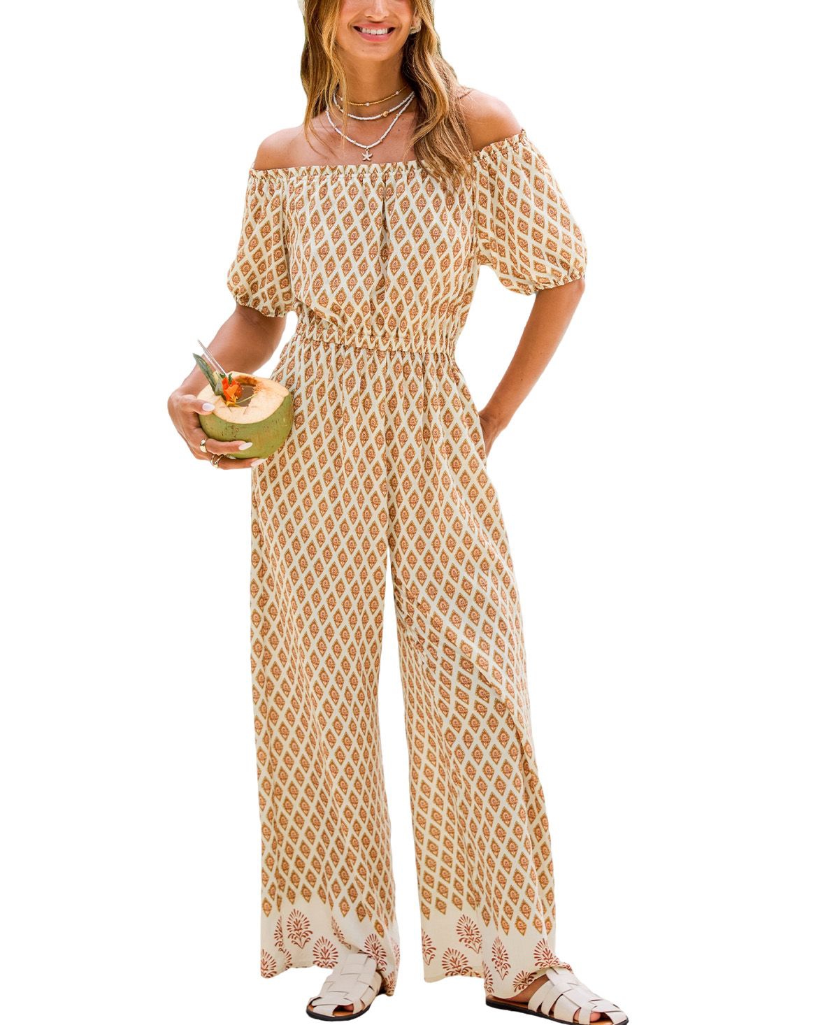 Click here for Cupshe Womens At Sunset Geo Jumpsuit - Beige/khaki prices