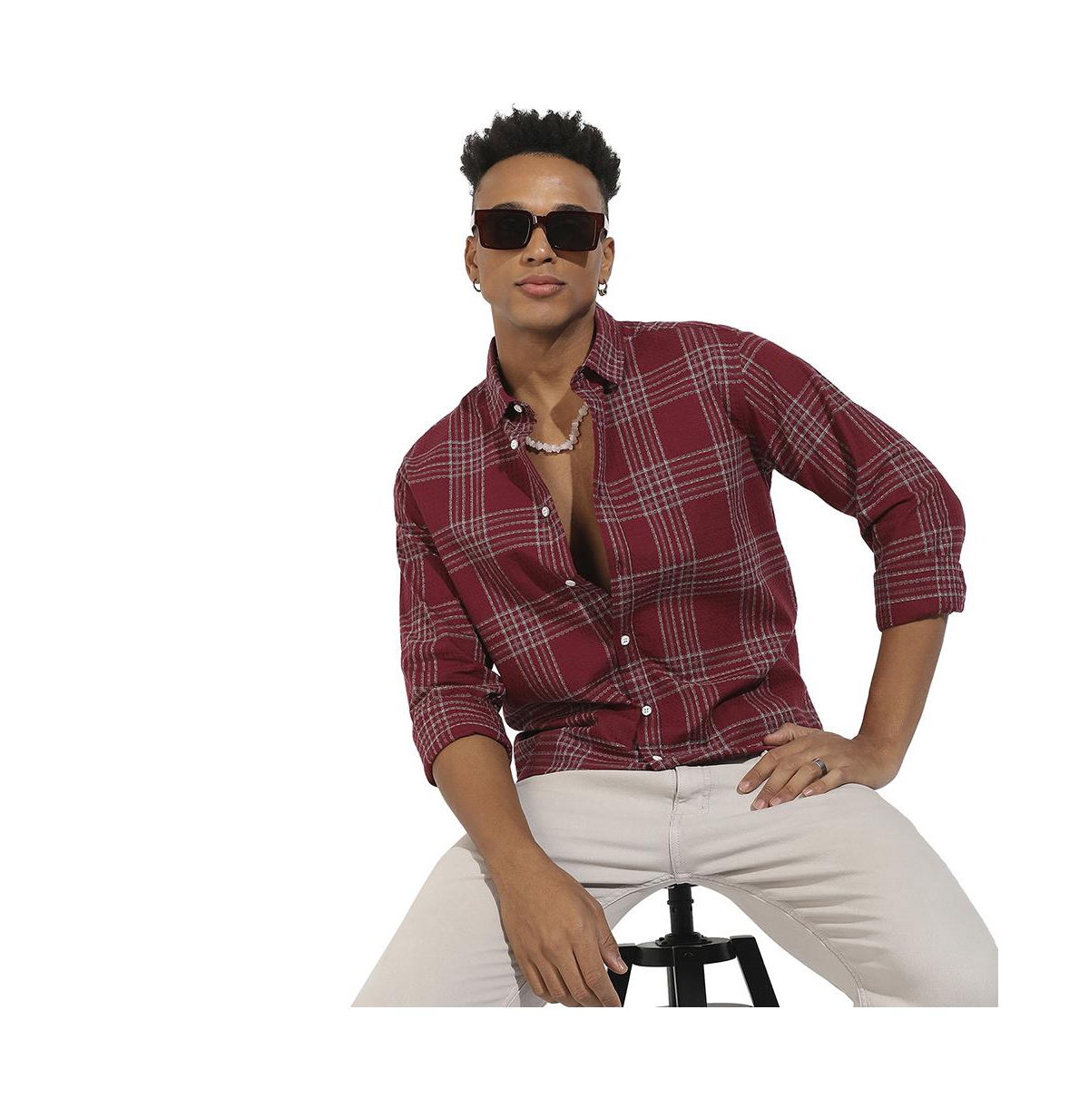 Click here for Campus Sutra Mens Maroon Red Chalk Tartan Plaid Sh... prices