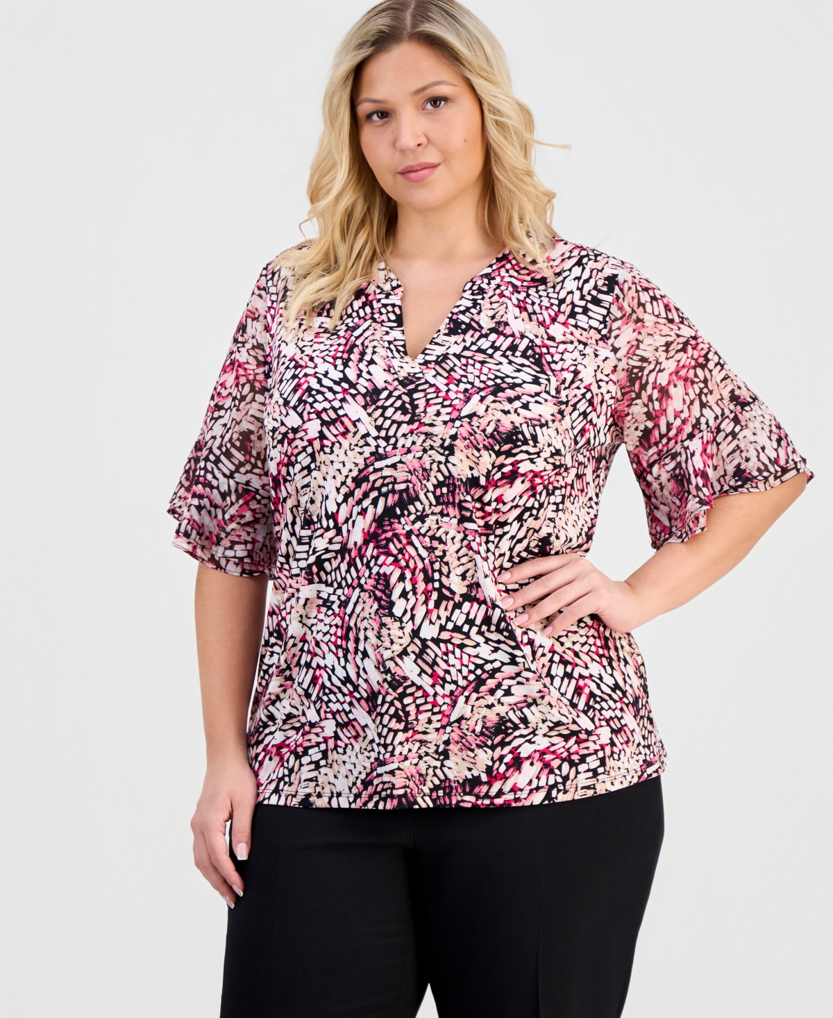 Click here for Anne Klein Essentials Plus Size Split-Neck Printed... prices