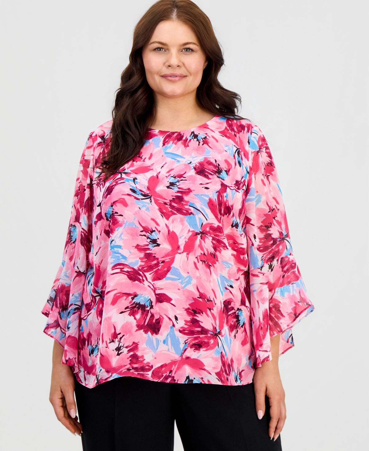 Click here for Kasper Plus Size Printed Ruffled 3/4-Sleeve Top -... prices