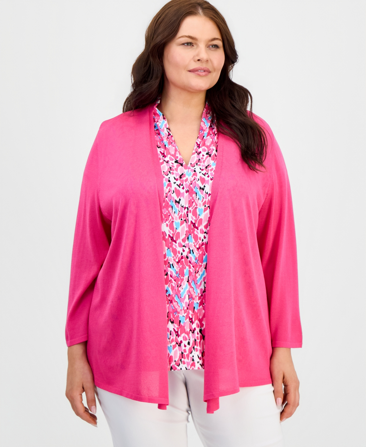 Click here for Kasper Plus Size Open-Front A-Line Cardigan - Pink... prices