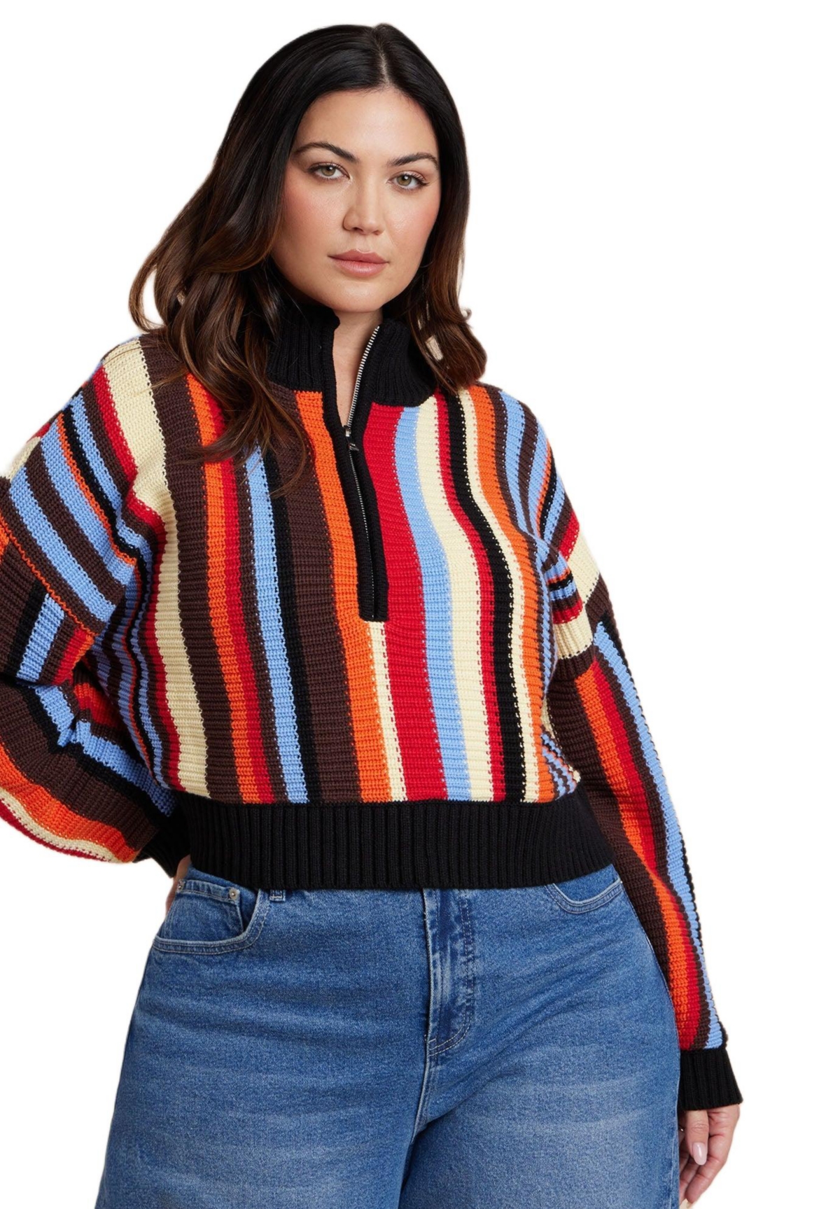 Click here for Eloquii Plus Size Striped Zipper Front Pullover -... prices