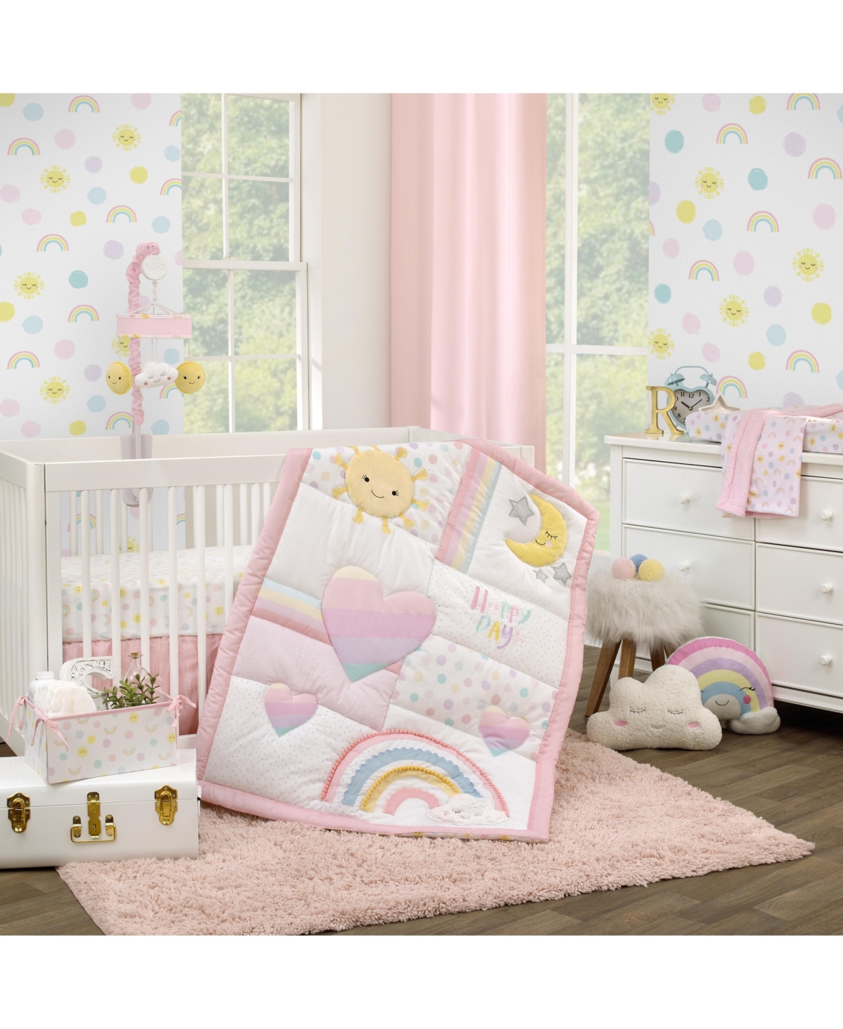 Click here for NoJo Happy Days Pink  White  and Yellow Rainbows a... prices