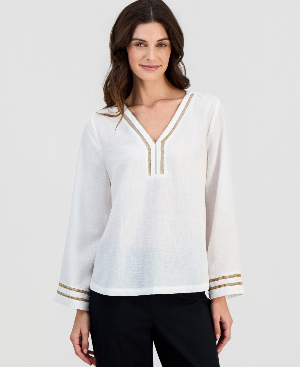 Click here for Jm Collection Womens Ladder-Trim Crinkle Gauze V-N... prices