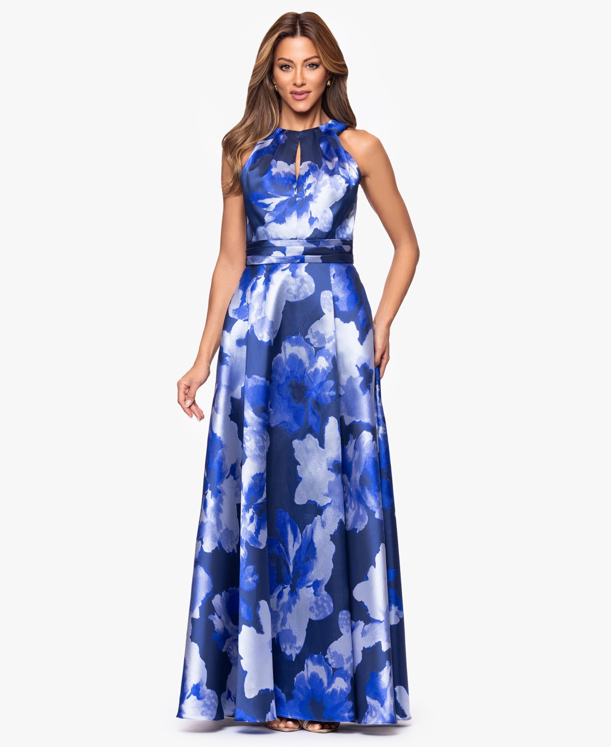 Click here for Xscape Womens Long Printed Halter Neck Ball Gown -... prices