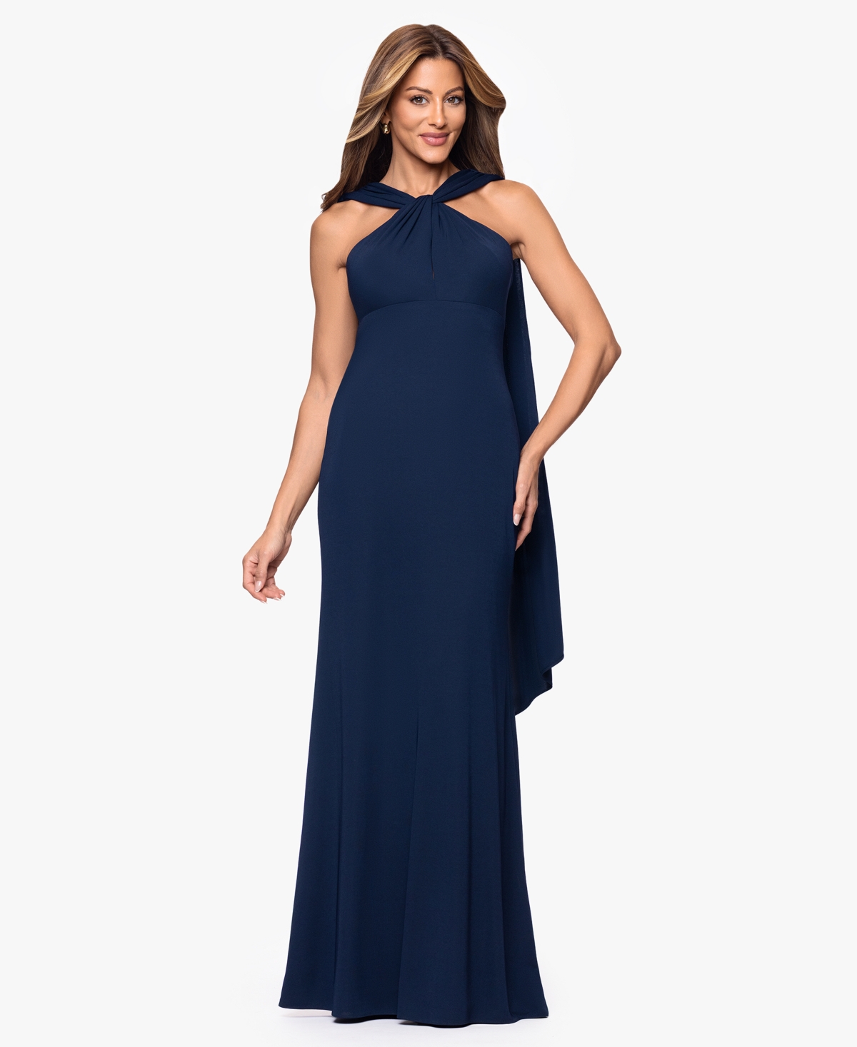 Click here for Xscape Womens Halter Neck Scarf Ball Gown - Navy prices
