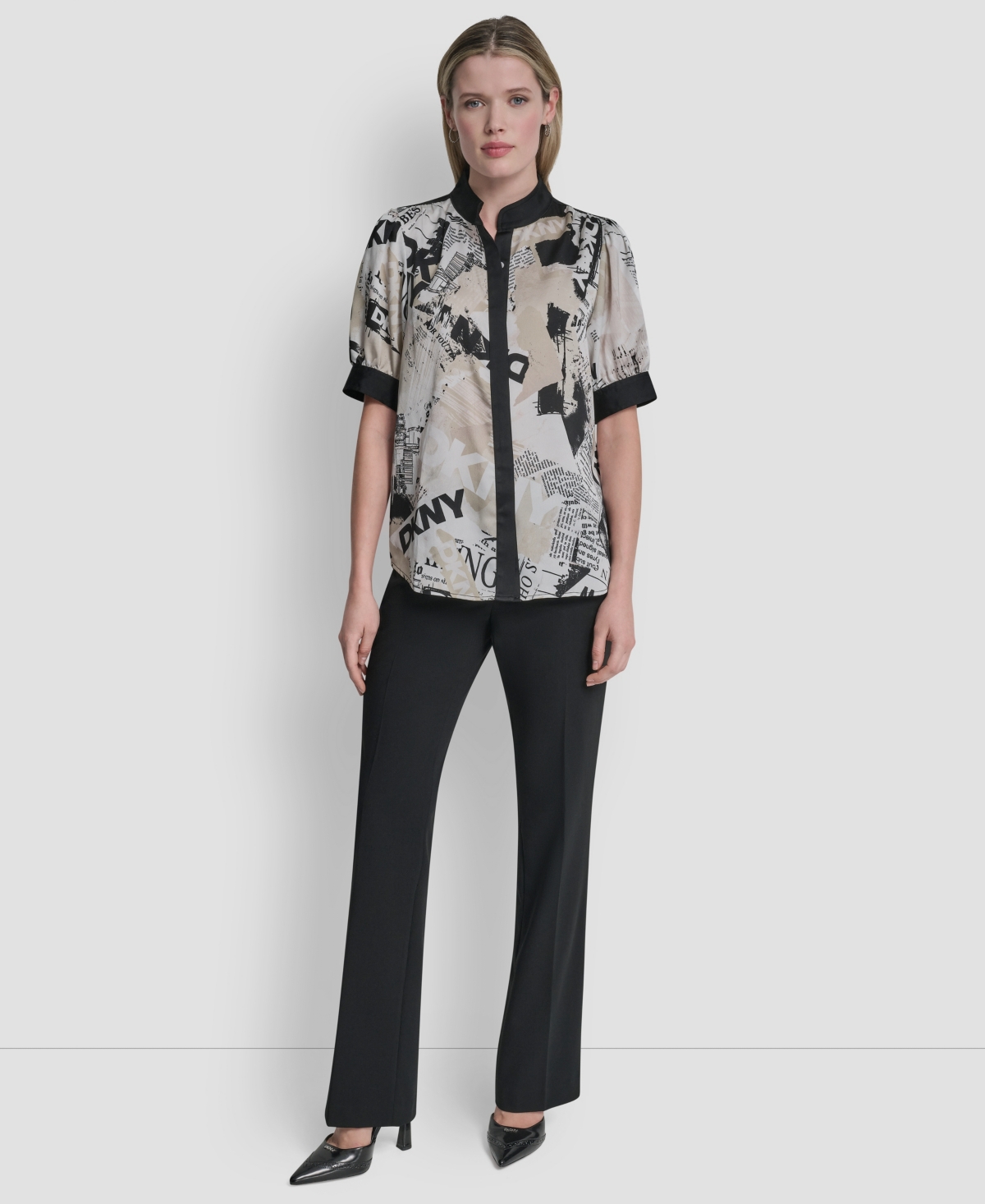 Click here for Dkny Womens Newspaper-Print Woven Blouse - Ivory/B... prices