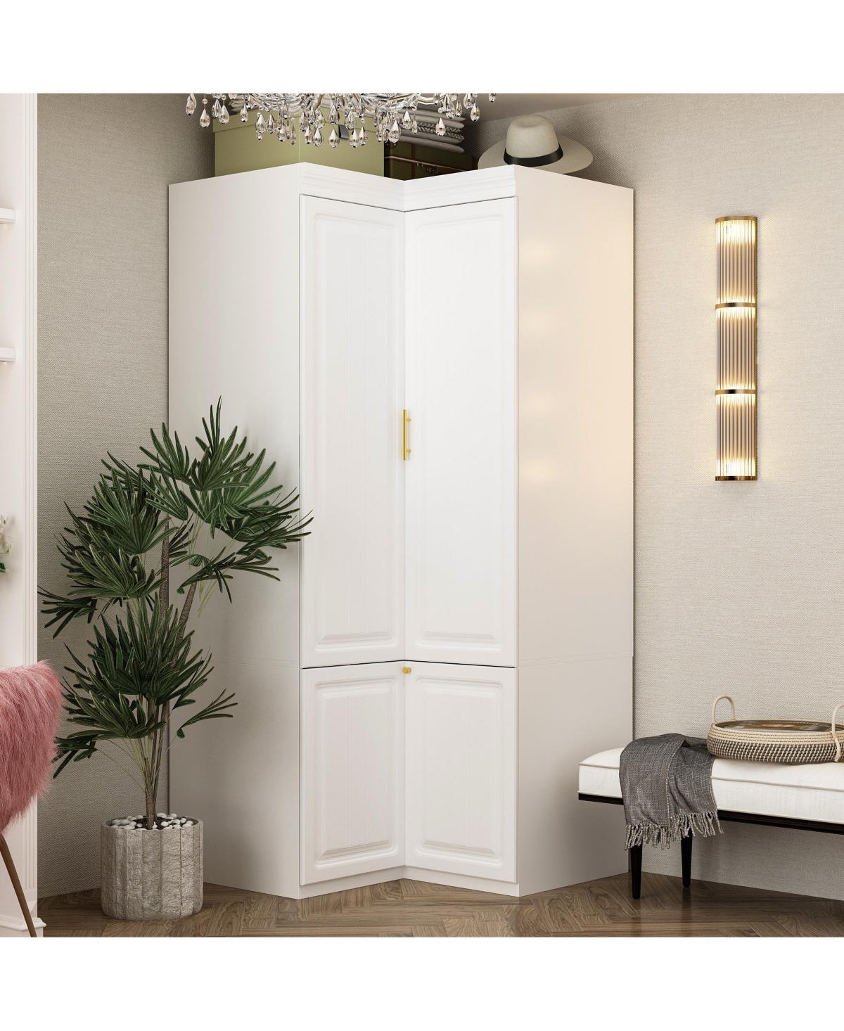 Click here for Famapy White Wood 4-Door Corner Wardrobe Armoires... prices