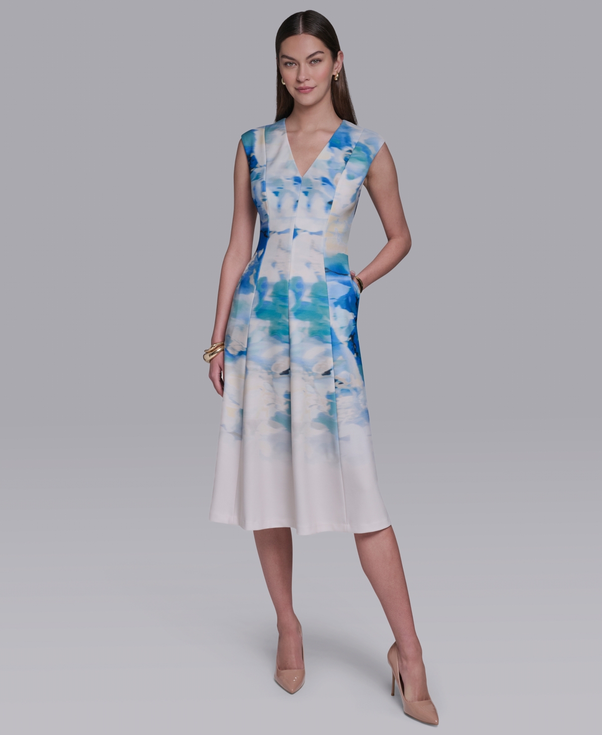 Click here for Halston Womens V-Neck Cap-Sleeve Midi Dress - Blue... prices