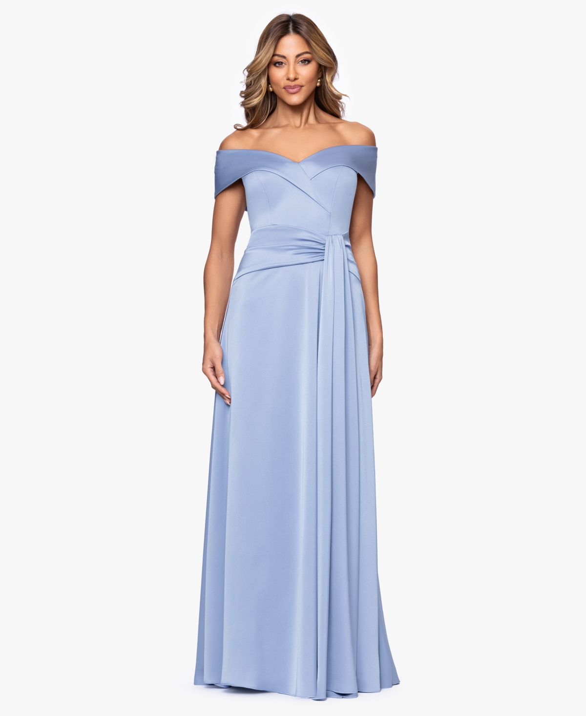 Click here for Xscape Petite Off-The-Shoulder Ball Gown - Periwin... prices