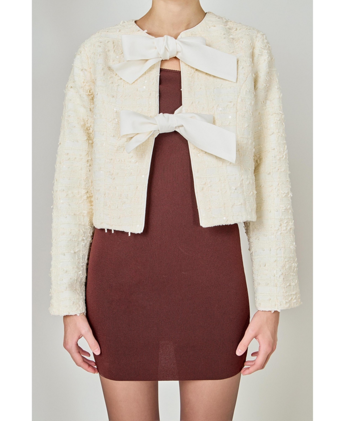 Click here for endless rose Womens Bow Tie Textured Tweed Jacket... prices