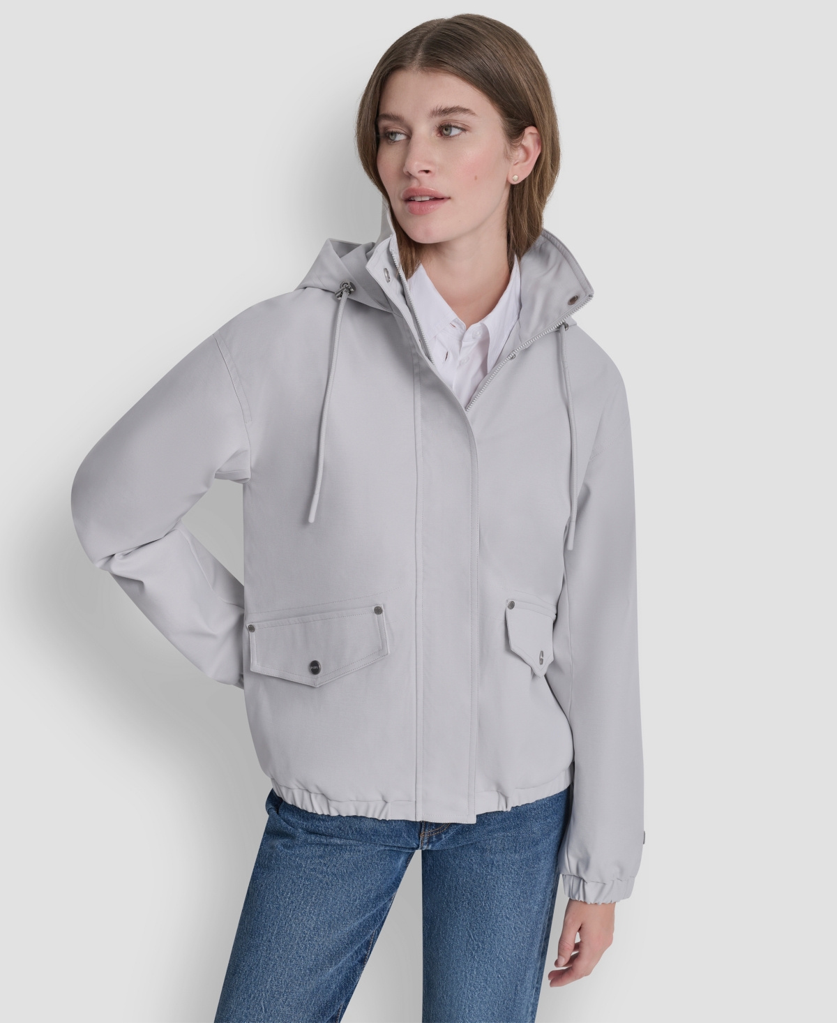 Click here for Dkny Womens Stand Collar Bomber Raincoat - Lunar prices