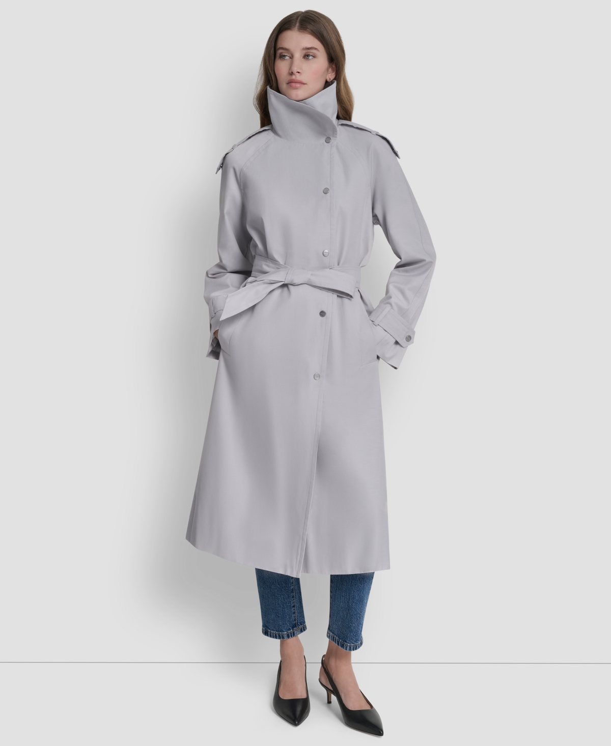 Click here for Dkny Womens Belted Funnel Collar Long Trench Coat... prices