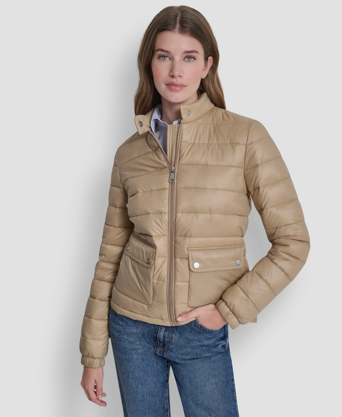 Click here for Dkny Womens Packable Moto Collar Short Coat - Khak... prices