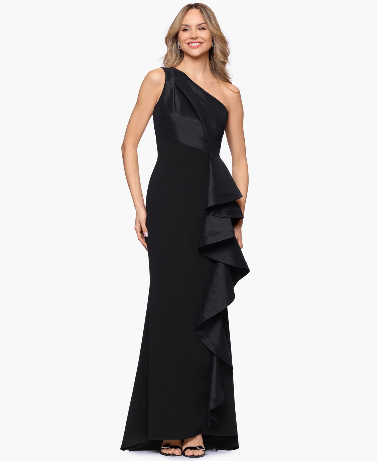 Click here for Betsy & Adam Womens Long One Shoulder Ruffle Ball... prices