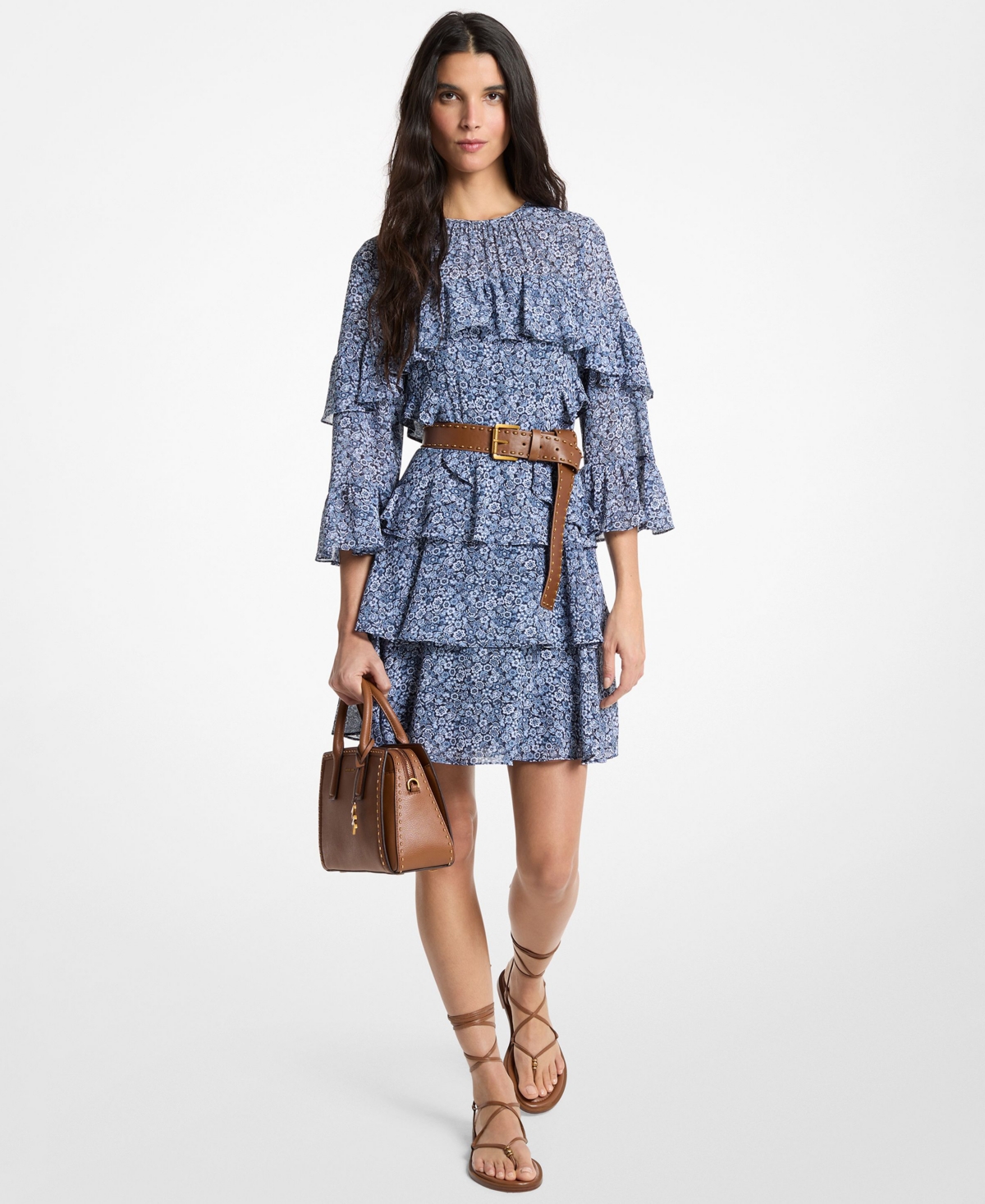 Click here for Michael Kors Womens Floral Ruffle Crew Neck Mini D... prices