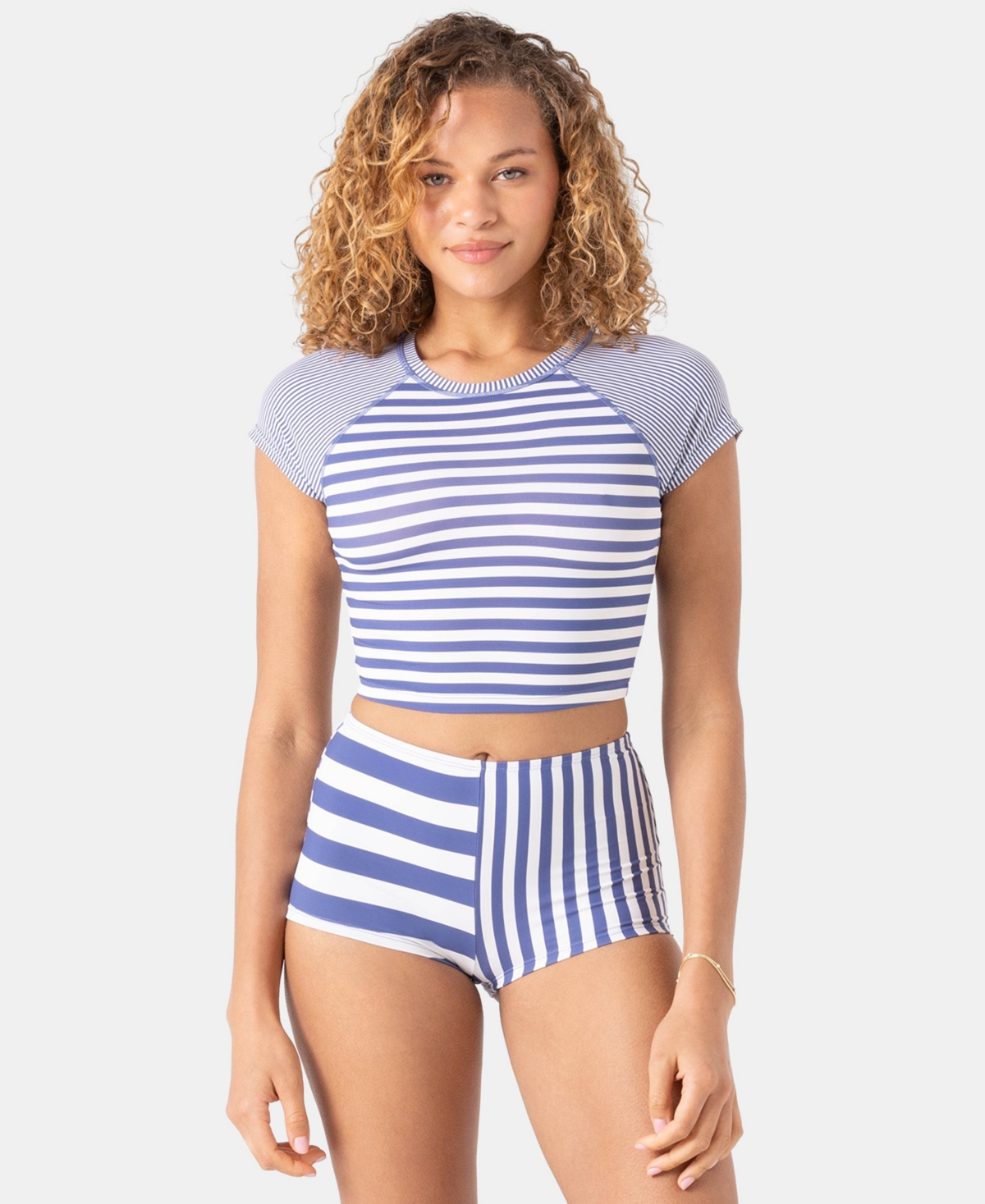 Click here for Roxy Womens Stripe Out Crop Rash Guard - Bijou Blu... prices