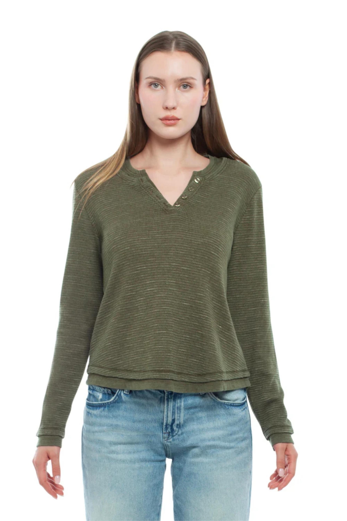 Click here for Wilt Womens Long Sleeve Henley Mock Tee - Dark oli... prices